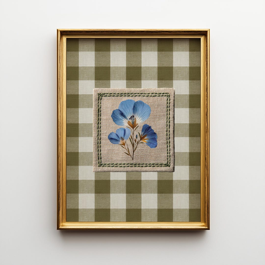 Blue Flax Flower Print | Sage Green Gingham Wall Art | Linen Botanical ...