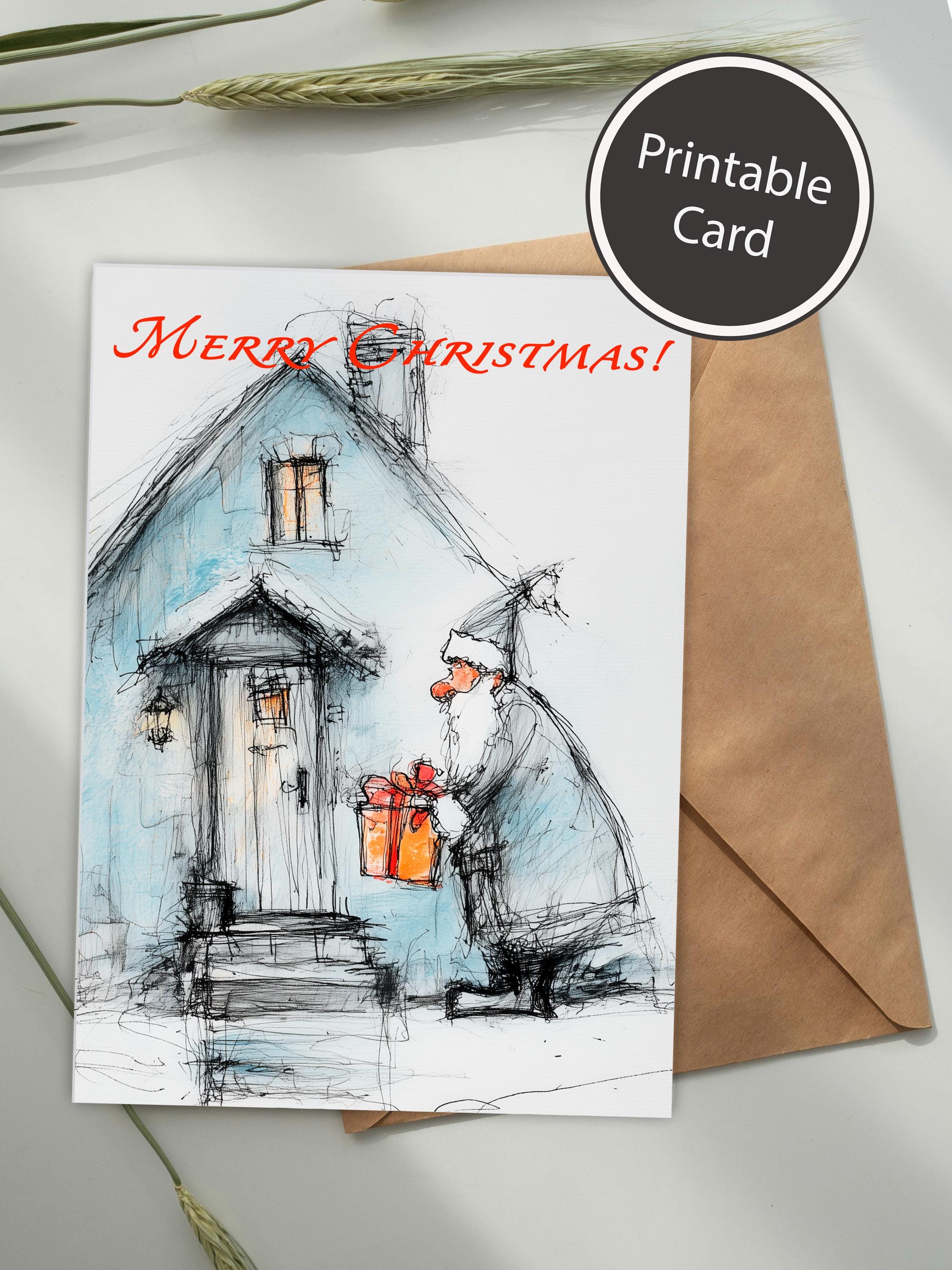 Printable Christmas Card Santa Gift Delivery | Hand-drawn Sketch ...