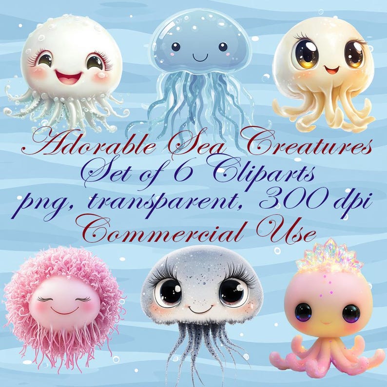 Kawaii Sea Creatures 6 Set Clipart, Cute Jellyfish & Octopus PNG Bundle ...