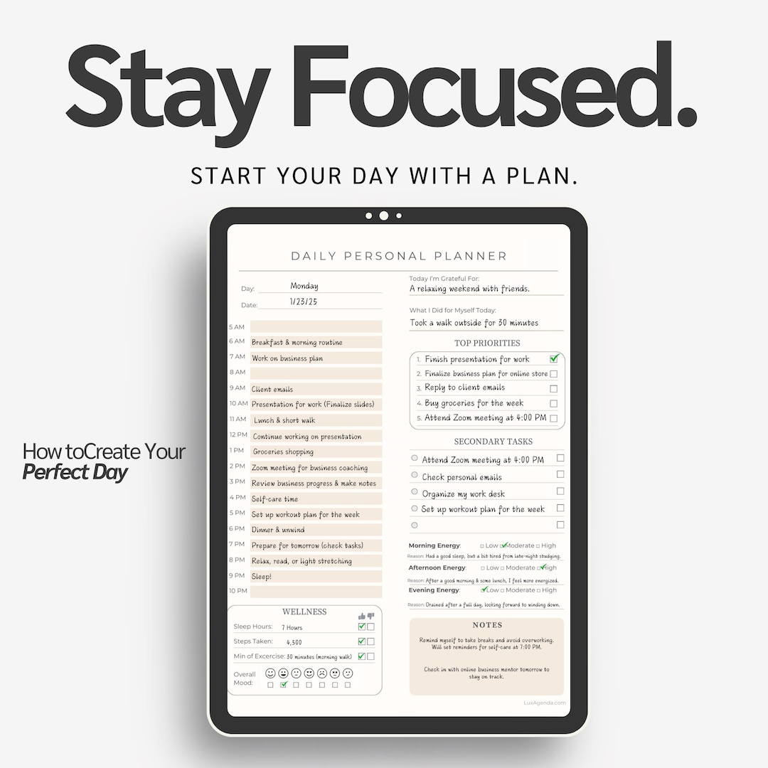 Daily Digital Planner Printable Undated Time Blocking, Habit Tracker ...