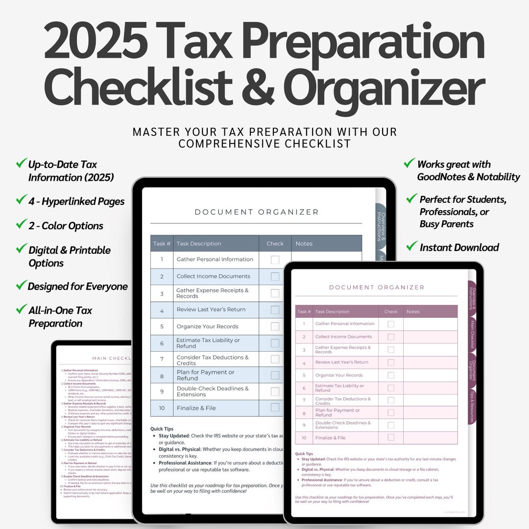 2025 Tax Prep Checklist & Organizer | Digital and Printable Tax Planner ...