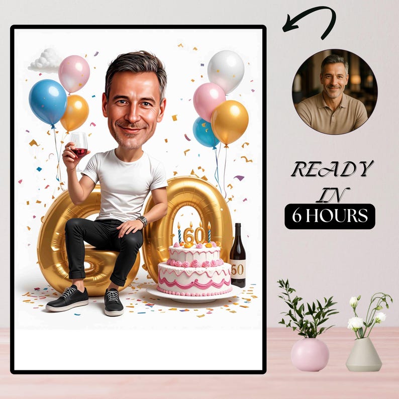 Custom 60th Birthday Cartoon Portrait - Personalized Digital Caricature ...