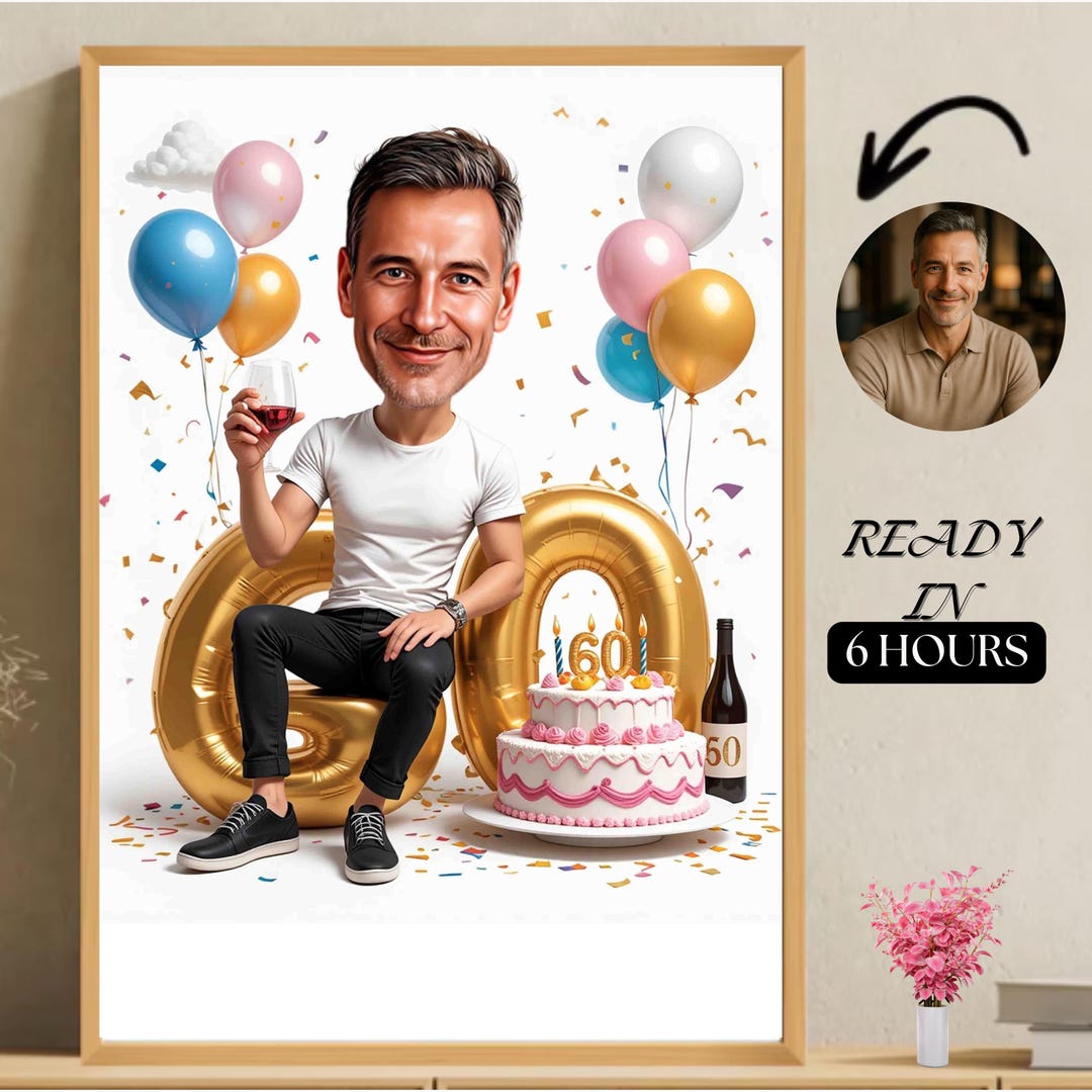 Custom 60th Birthday Cartoon Portrait - Personalized Digital Caricature - Etsy