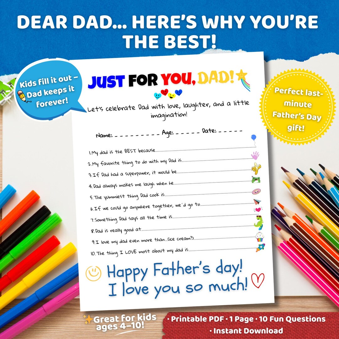 Father’s Day Questionnaire, Just for You Dad Print, Dad Gift From Kids ...
