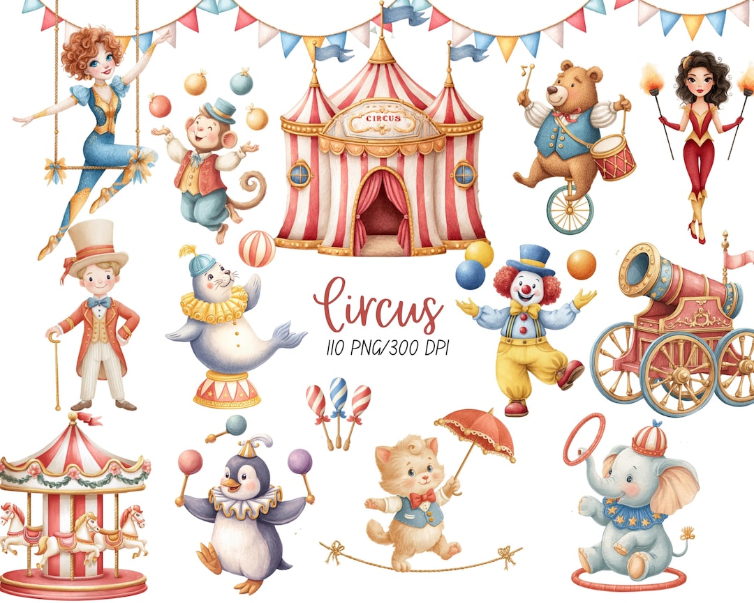 Circus Clipart, Watercolor, Carnival, Circus Animals, Tent, Cotton ...