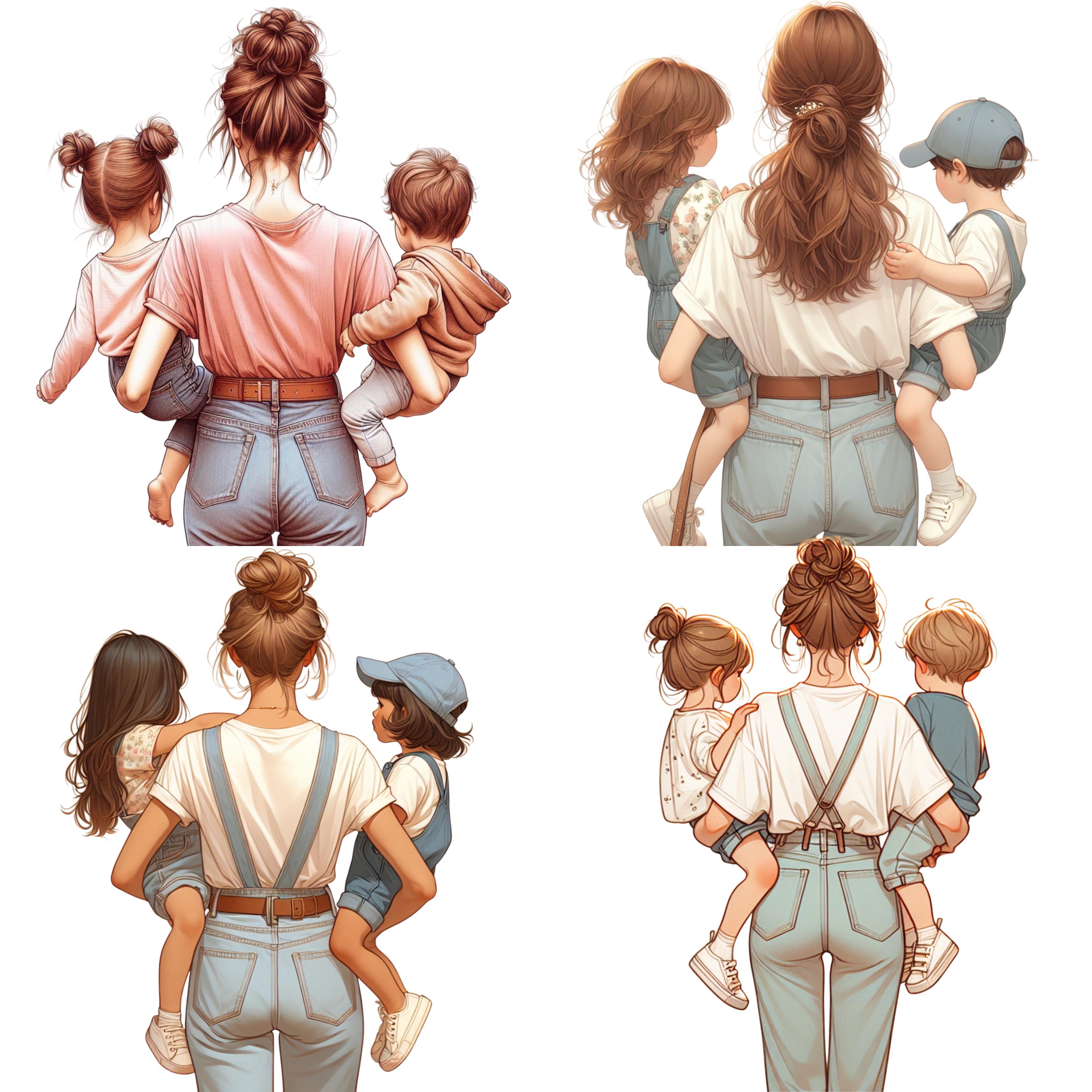 22 PNG Messy Bun Mom Clipart Bundle, Watercolor Mother and Children ...