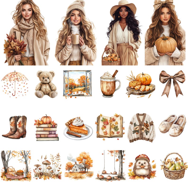 Watercolor Fall Clipart Bundle, Cozy Autumn PNG, Pumpkin & Fall Leaves ...