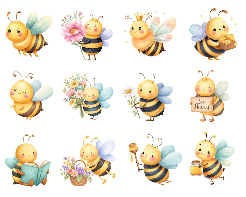 Cute Honey Bee Clipart Bundle, Watercolor Bees Clip Art, Cute Bumblebee ...