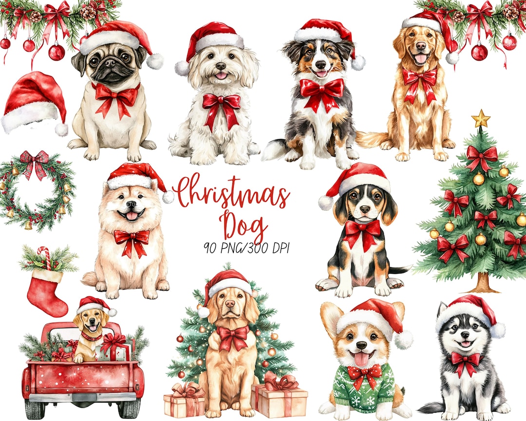 Classic Christmas Dog Watercolor Clipart Bundle, Coquette Dog ...