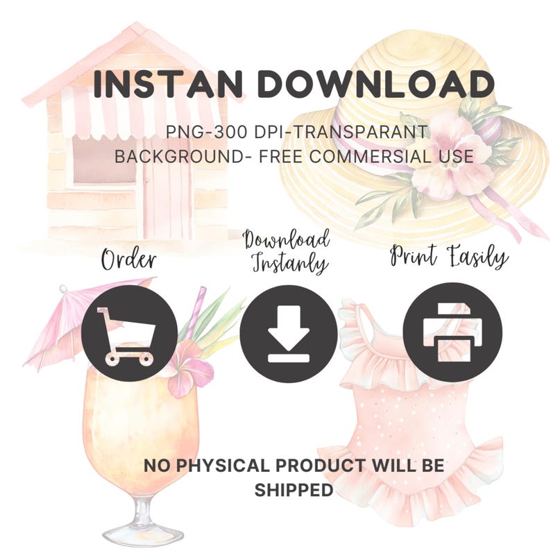 Watercolor Summer Clipart, Cute Summer PNG Set, Beach and Sunshine ...