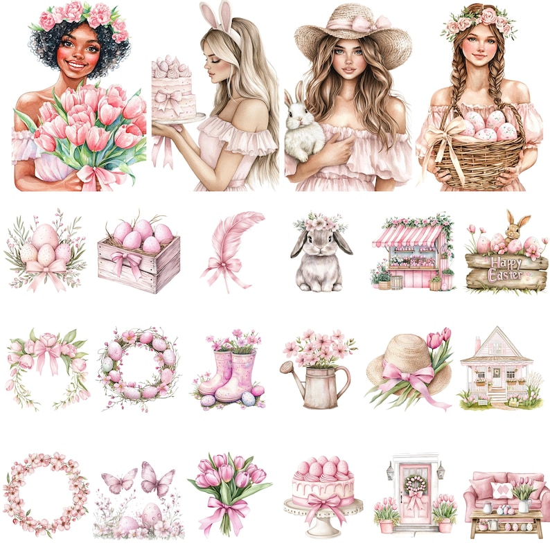 Happy Easter Clipart, Watercolor Springtime, Easter Bunny, Easter Egg ...