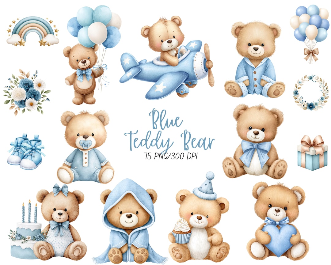 Teddy Bear Clipart Watercolor Baby Blue Boy Teddy Bear Nursery Art Baby ...