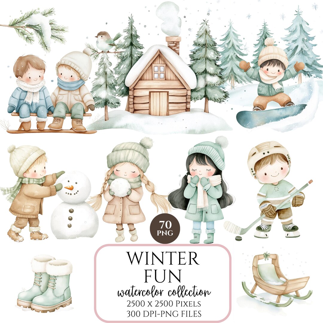 Cute Winter Fun Clipart, Whimsical Children Watercolor, Snow Activities ...