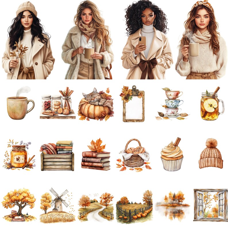 Watercolor Fall Clipart Bundle, Cozy Autumn PNG, Pumpkin & Fall Leaves ...