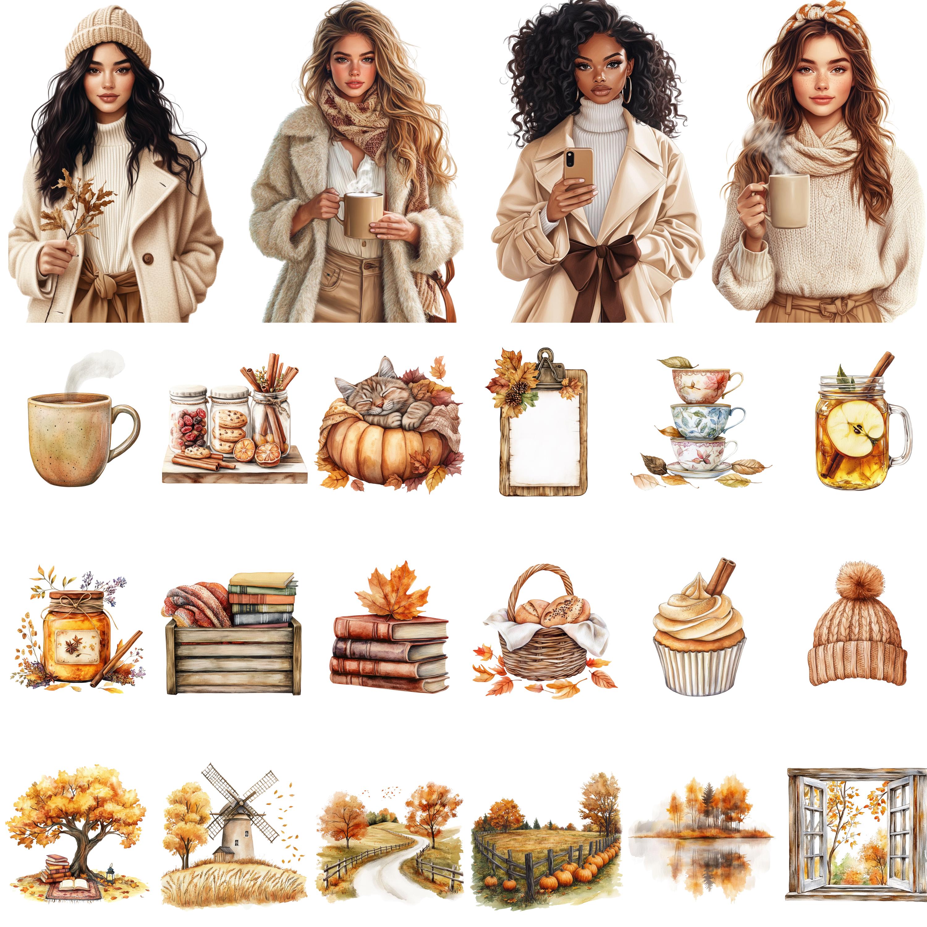 Watercolor Fall Clipart Bundle, Cozy Autumn PNG, Pumpkin & Fall Leaves ...