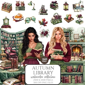 Watercolor Autumn Library Clipart, Fall Bookworm PNG, Cozy Books ...