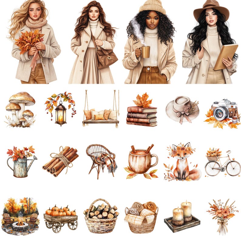 Watercolor Fall Clipart Bundle, Cozy Autumn PNG, Pumpkin & Fall Leaves ...