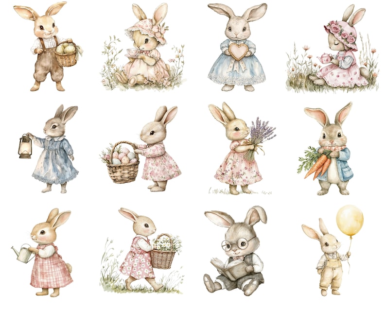 Vintage Bunny Easter Clipart – Spring Watercolor Cottagecore ...
