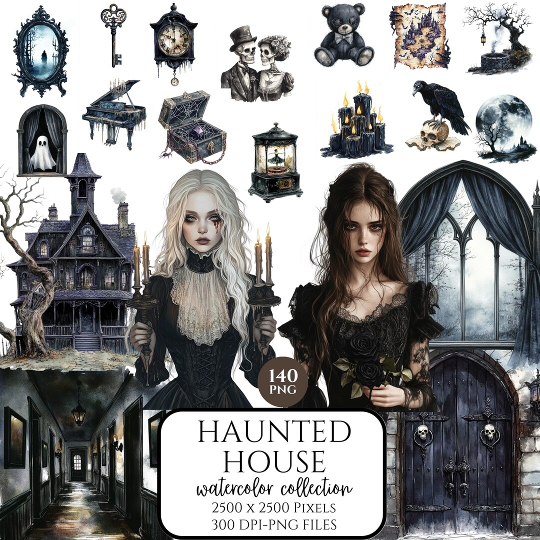 Watercolor Haunted House Halloween Clipart, Spooky Creepy Gothic Clip ...