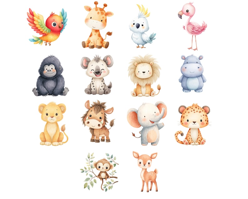 Watercolor Safari Friends Clipart, Cute Animals Clipart, Baby Animals ...