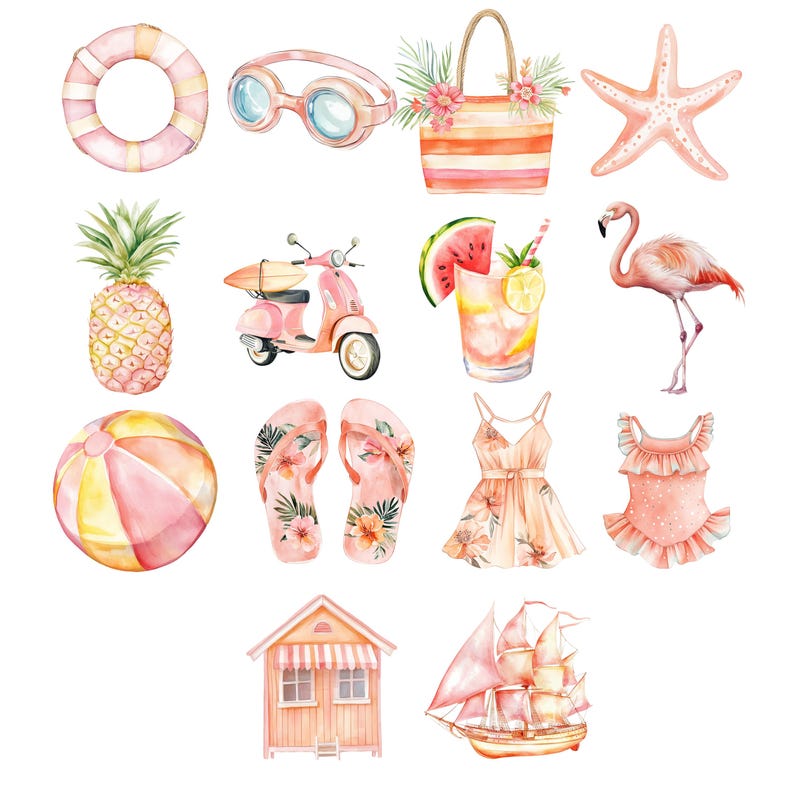 Watercolor Summer Clipart, Cute Summer PNG Set, Beach and Sunshine ...