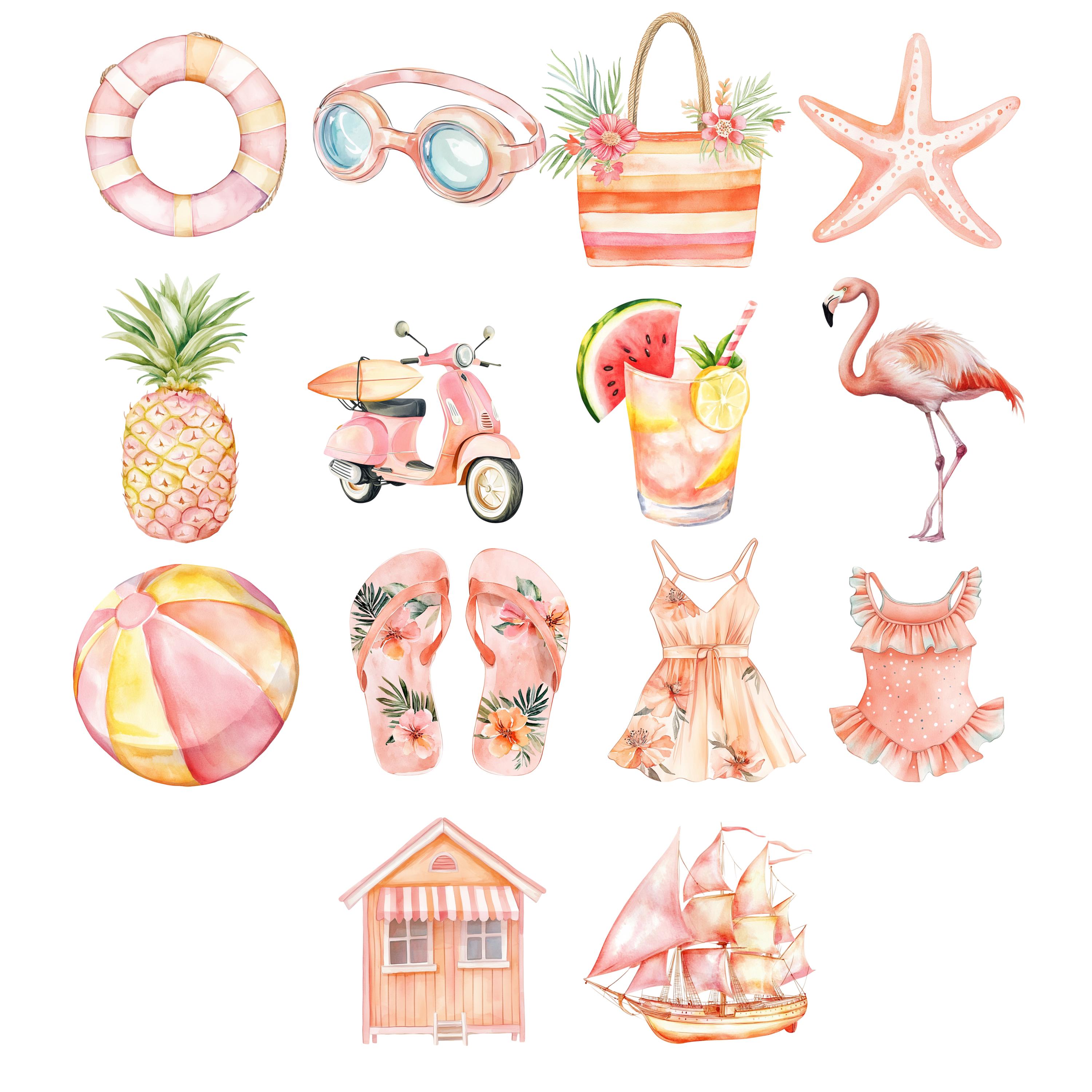Watercolor Summer Clipart, Cute Summer PNG Set, Beach and Sunshine ...