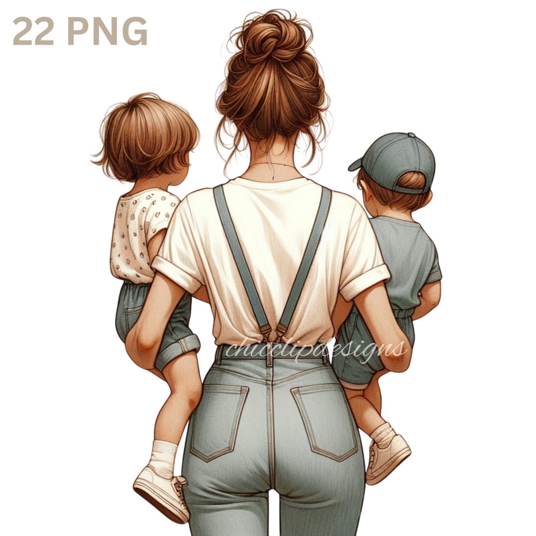 22 PNG Messy Bun Mom Clipart Bundle, Watercolor Mother and Children ...