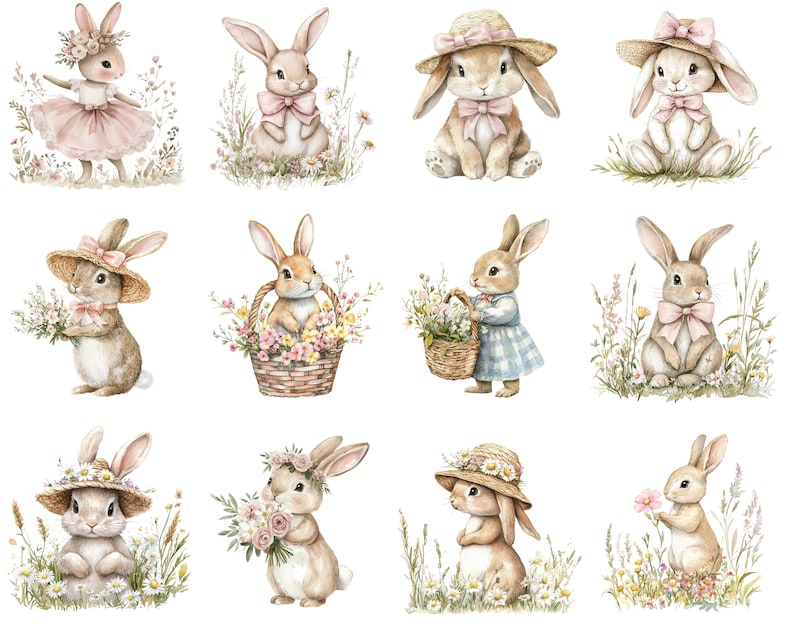 Watercolor Easter Bunnies Clipart, Bunny Girl PNG, Pink Bunnies Clipart ...