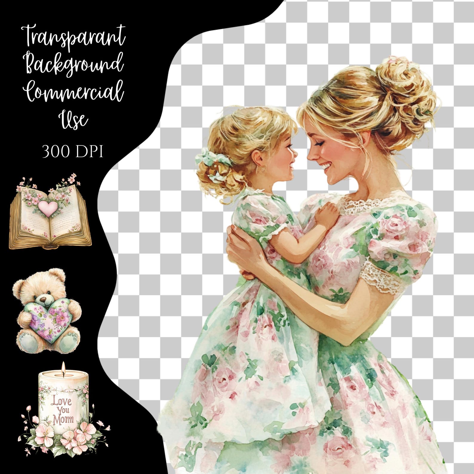 Watercolor Mother’s Day Clipart, Mom and Me, Floral Mother’s Day Mother ...