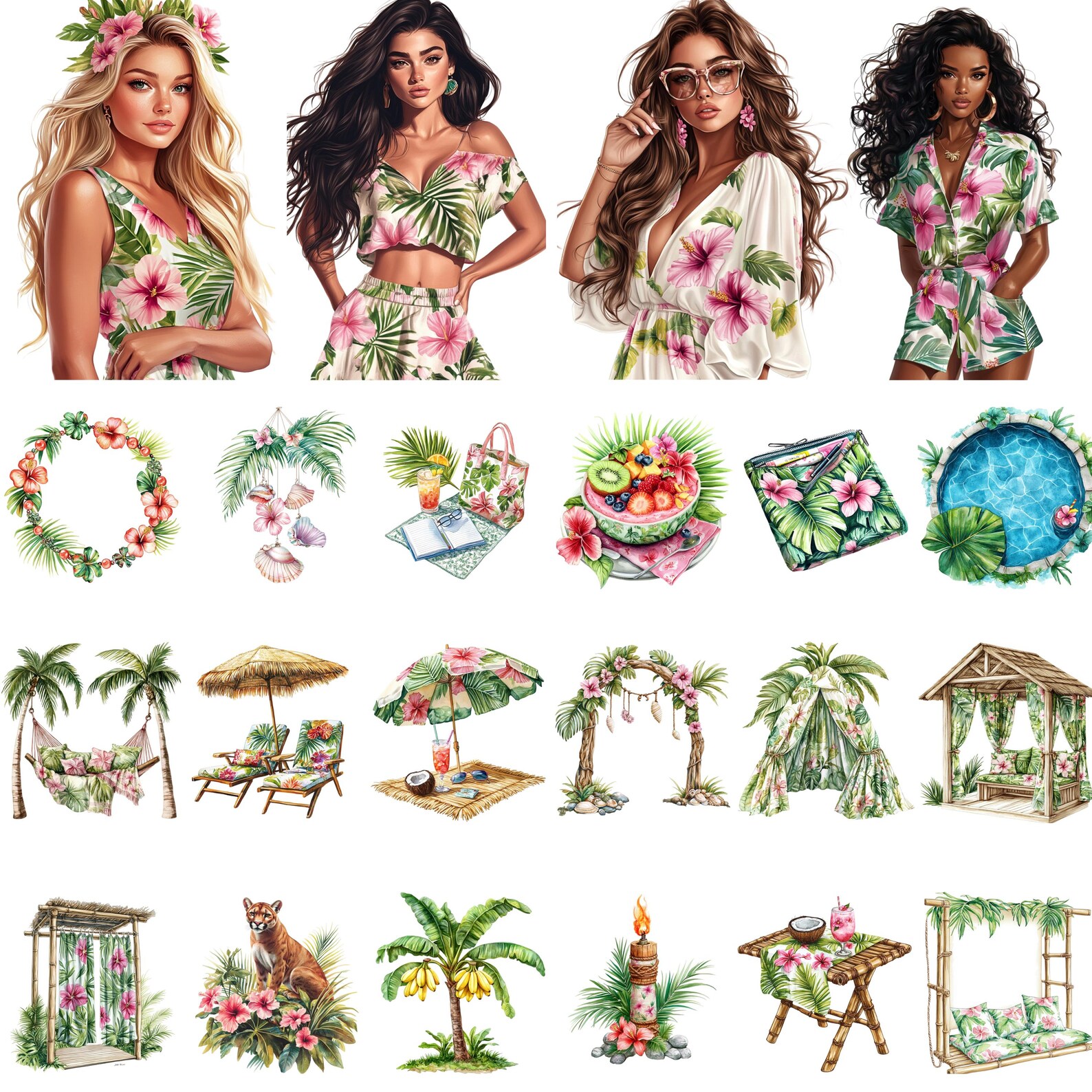 Watercolor Summer Tropical Clipart, Beach Vacation PNG, Tropical Nature ...