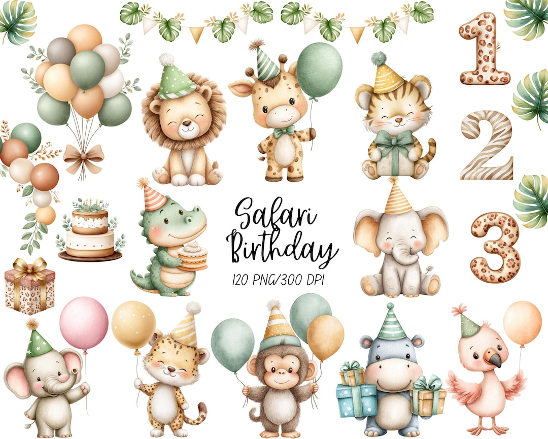 Safari Birthday Party Clipart, Wild One, Cute Boho Jungle Animals PNG ...