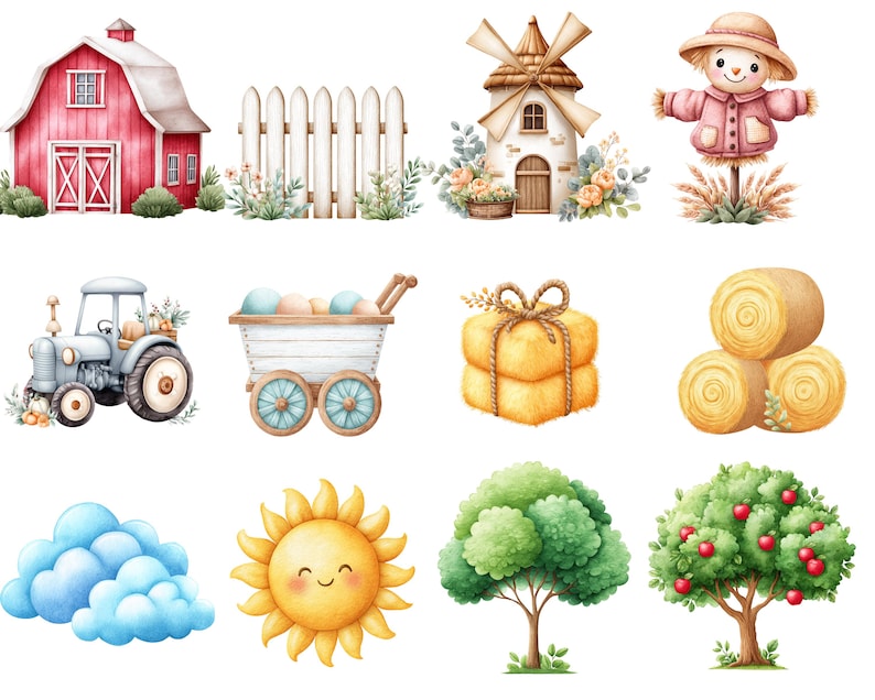 Watercolor Birthday Barn Clipart, Farm Animal Birthday PNG, Kids Party ...