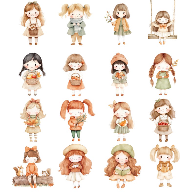 Cute Fall Kids Clipart Bundle – Watercolor Autumn Animals PNG ...