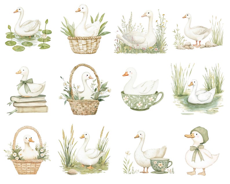 Silly Goose Clipart Spring, Vintage Watercolor Gosling Clip Art, Rustic ...