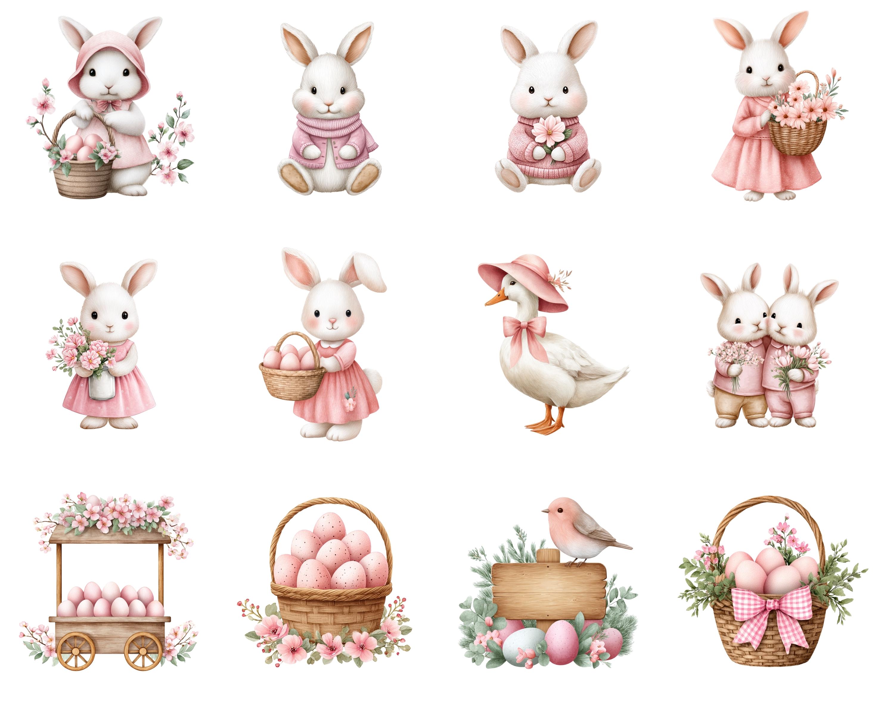 Pink Easter Watercolor Clipart Bundle. Bunny, Rabbit, Eggs, Commercial ...