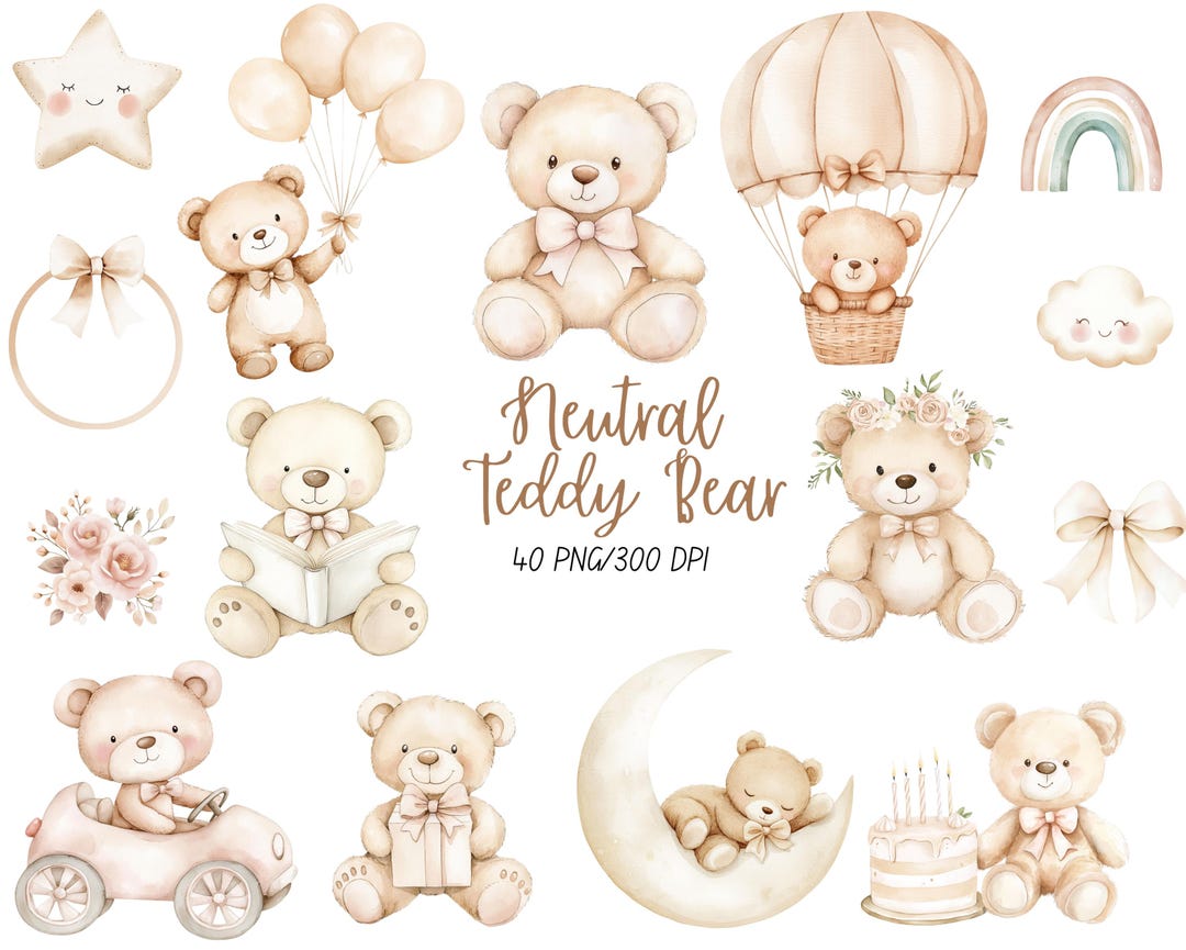Watercolor Teddy Bear Clipart, Neutral Baby Shower Clipart, Beige ...