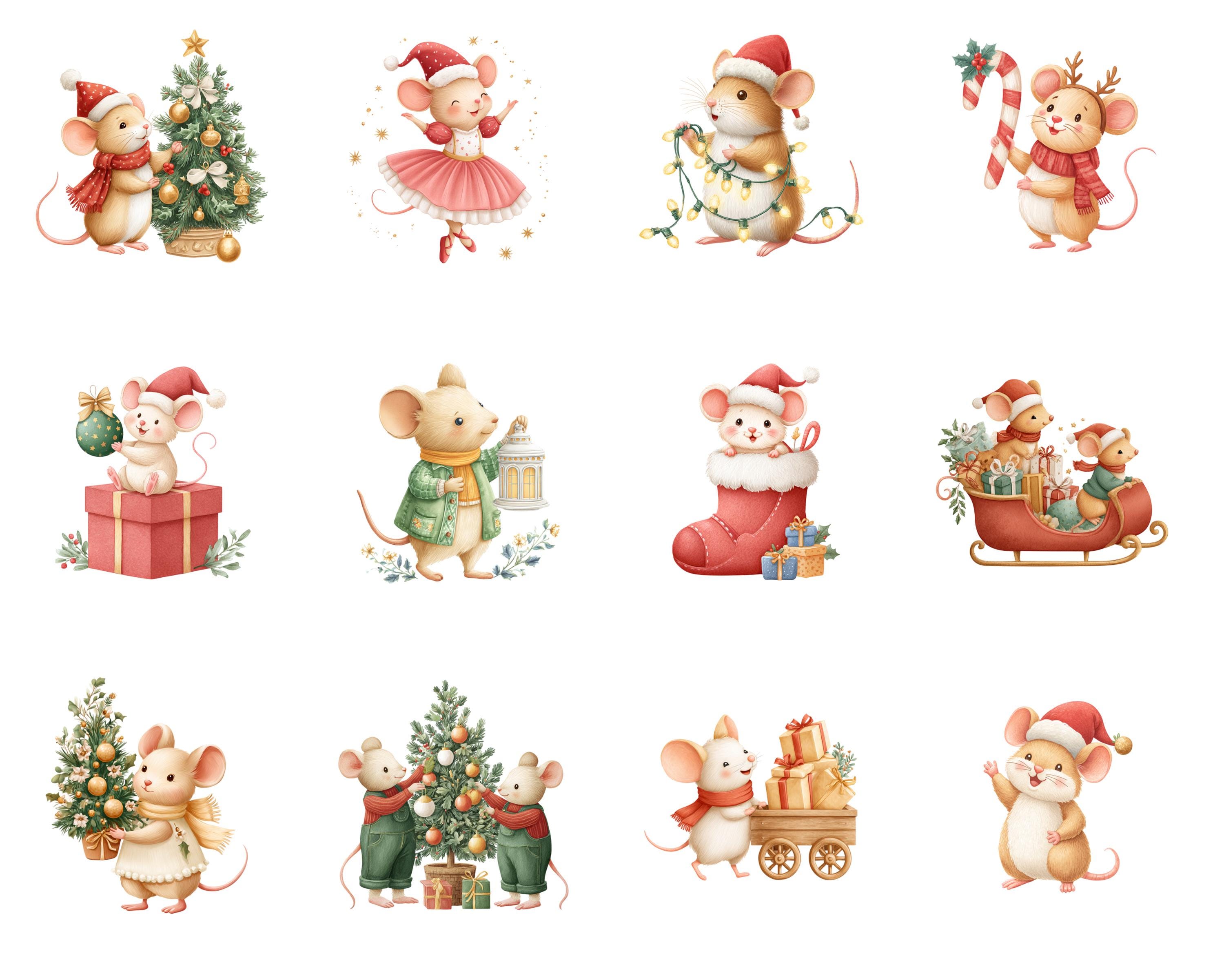 Watercolor Christmas Mouse Clipart Bundle | Cute Holiday Mice PNG Set ...