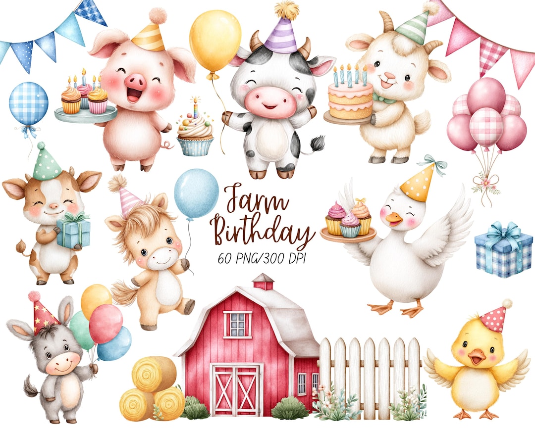 Watercolor Birthday Barn Clipart, Farm Animal Birthday PNG, Kids Party ...