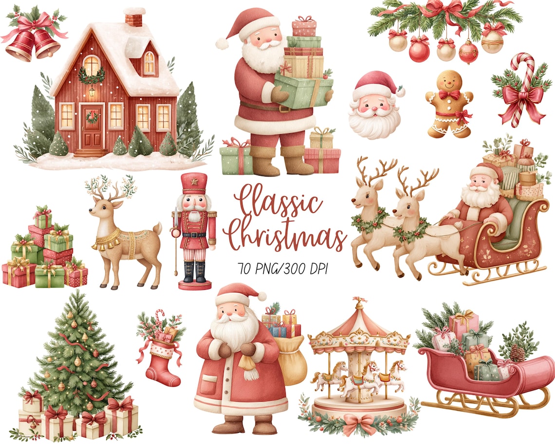 Watercolor Christmas Clipart Set | Cute Santa’s Village With Reindeer ...