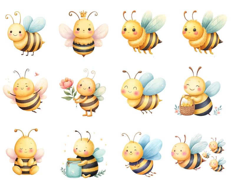 Cute Honey Bee Clipart Bundle, Watercolor Bees Clip Art, Cute Bumblebee ...