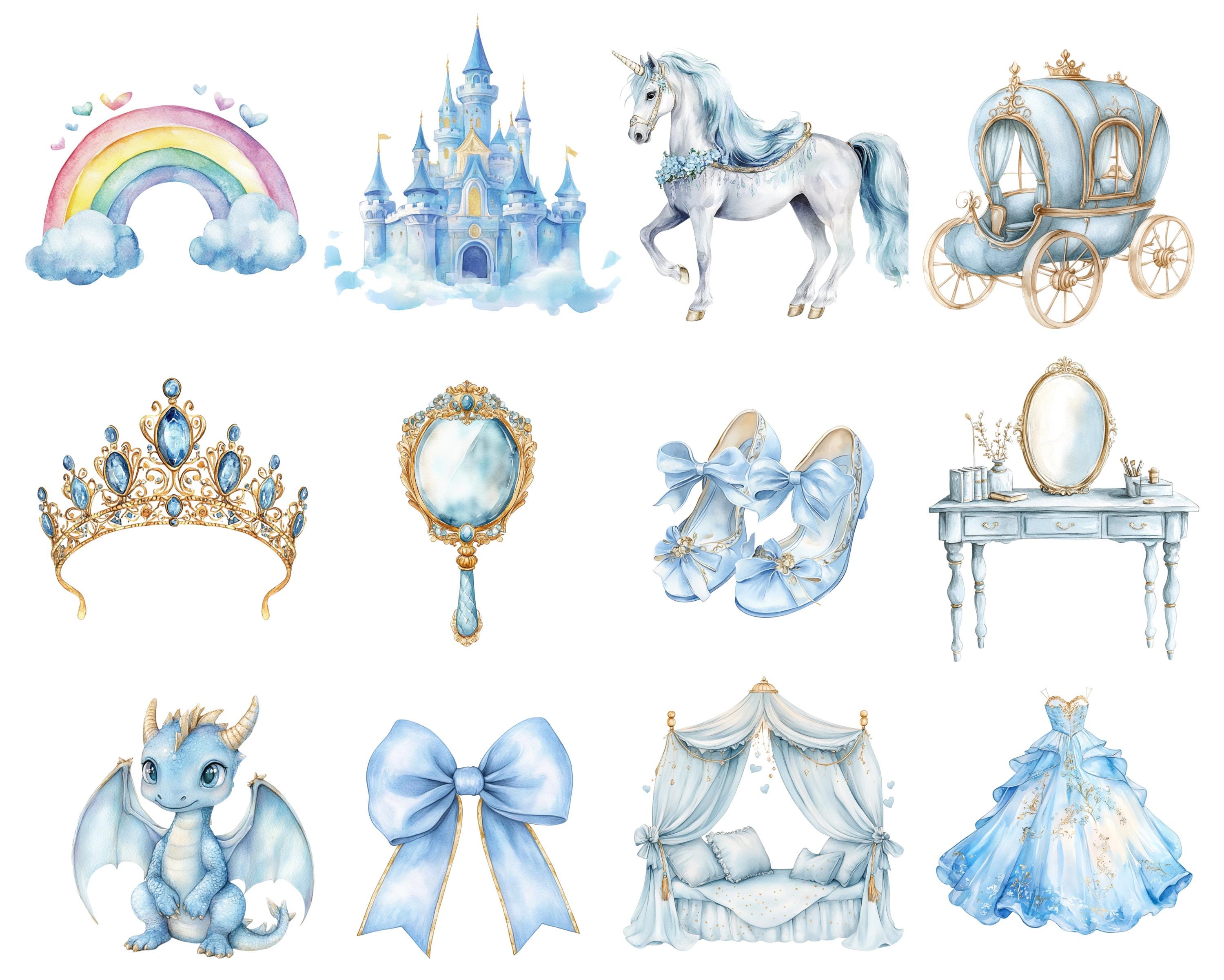 Watercolor Blue Princess Clipart Bundle: Fairytale PNG Graphics ...