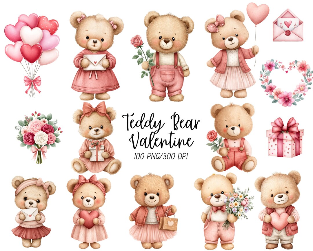Watercolor Teddy Bear Valentine Clipart, Valentine's Day Clipart, Cute ...