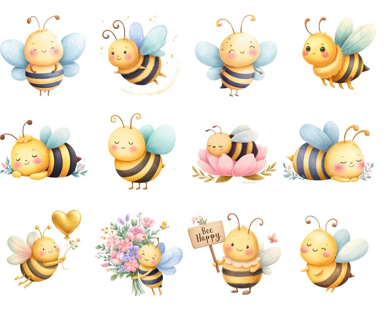 Cute Honey Bee Clipart Bundle, Watercolor Bees Clip Art, Cute Bumblebee ...