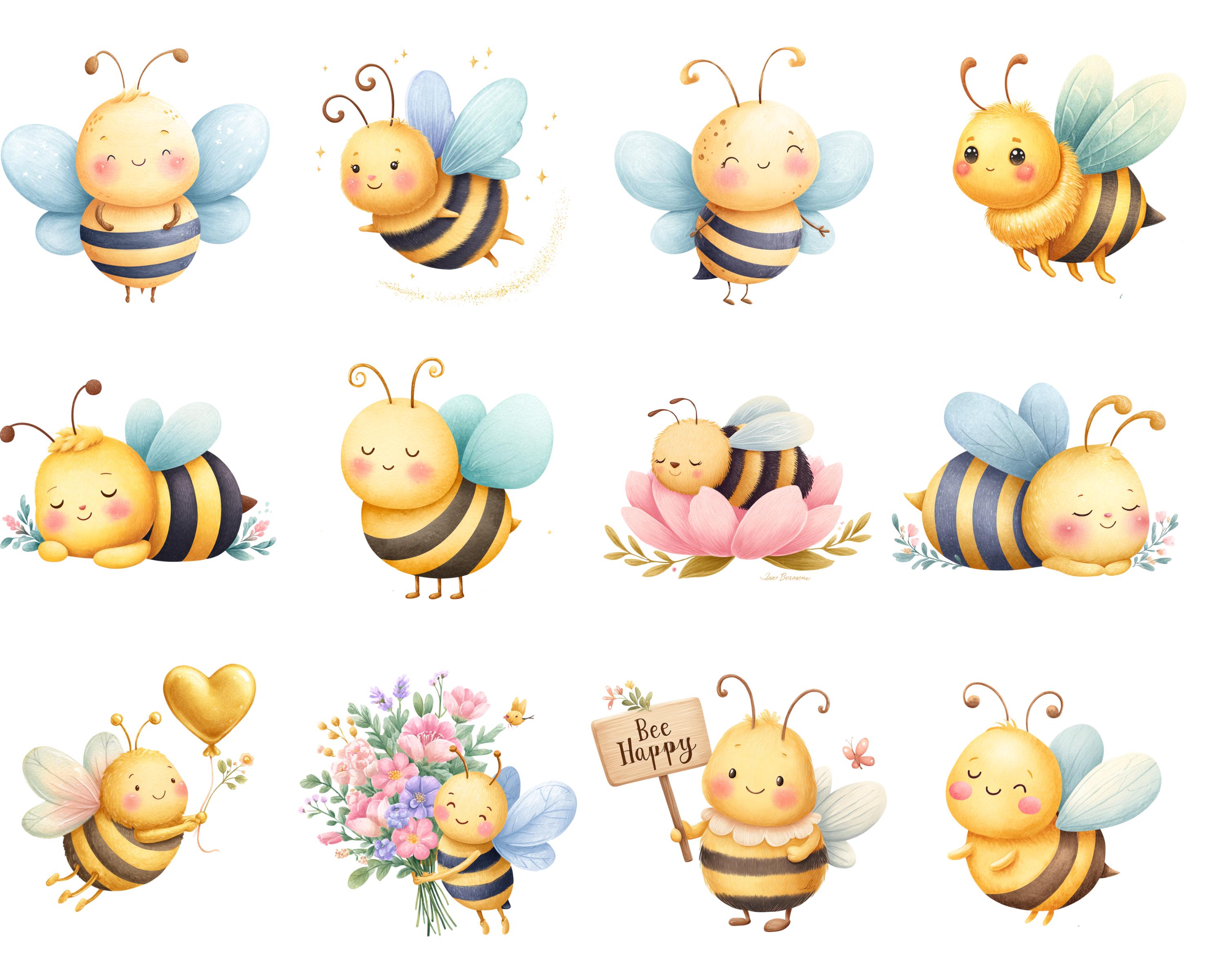 Cute Honey Bee Clipart Bundle, Watercolor Bees Clip Art, Cute Bumblebee ...