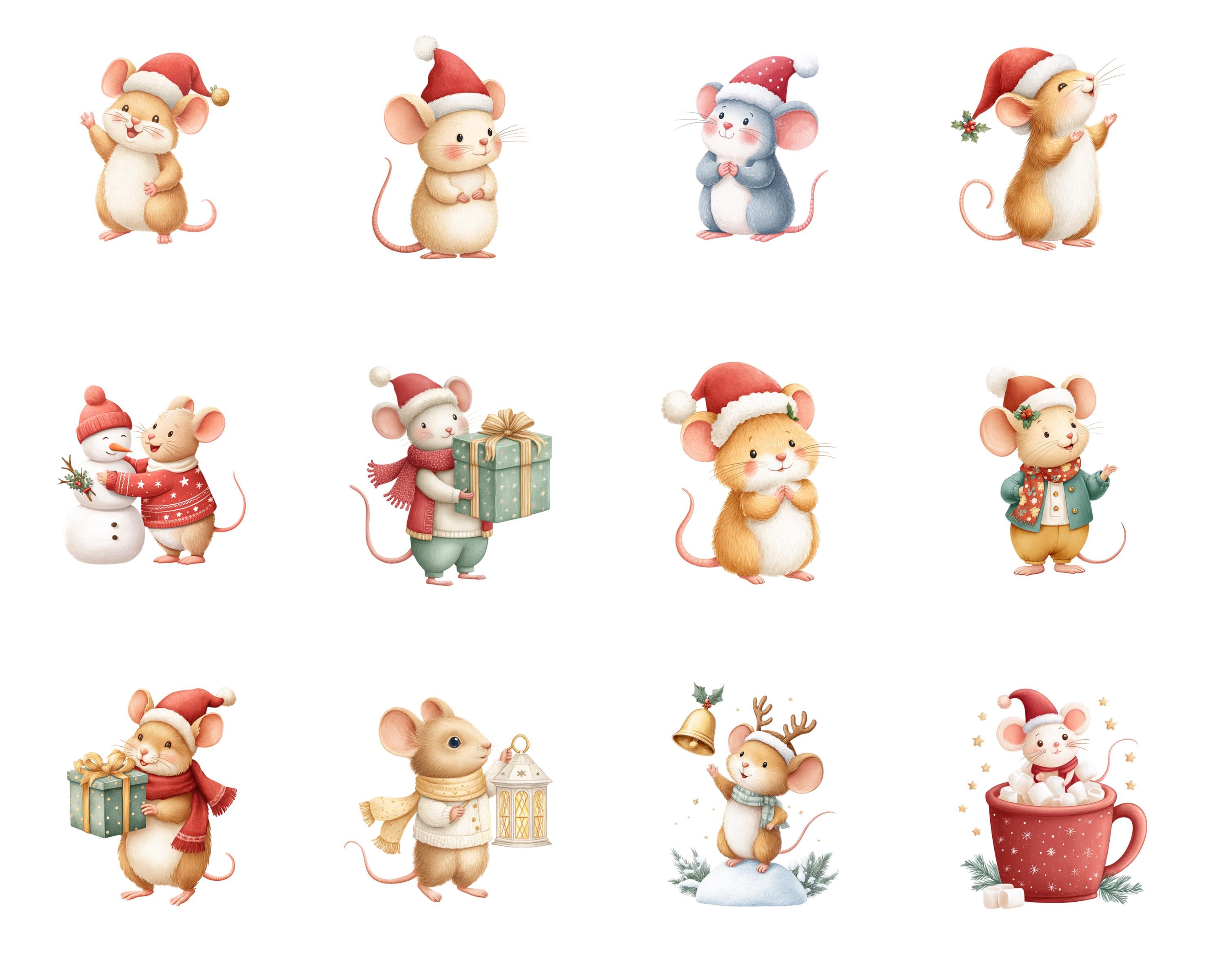 Watercolor Christmas Mouse Clipart Bundle | Cute Holiday Mice PNG Set ...
