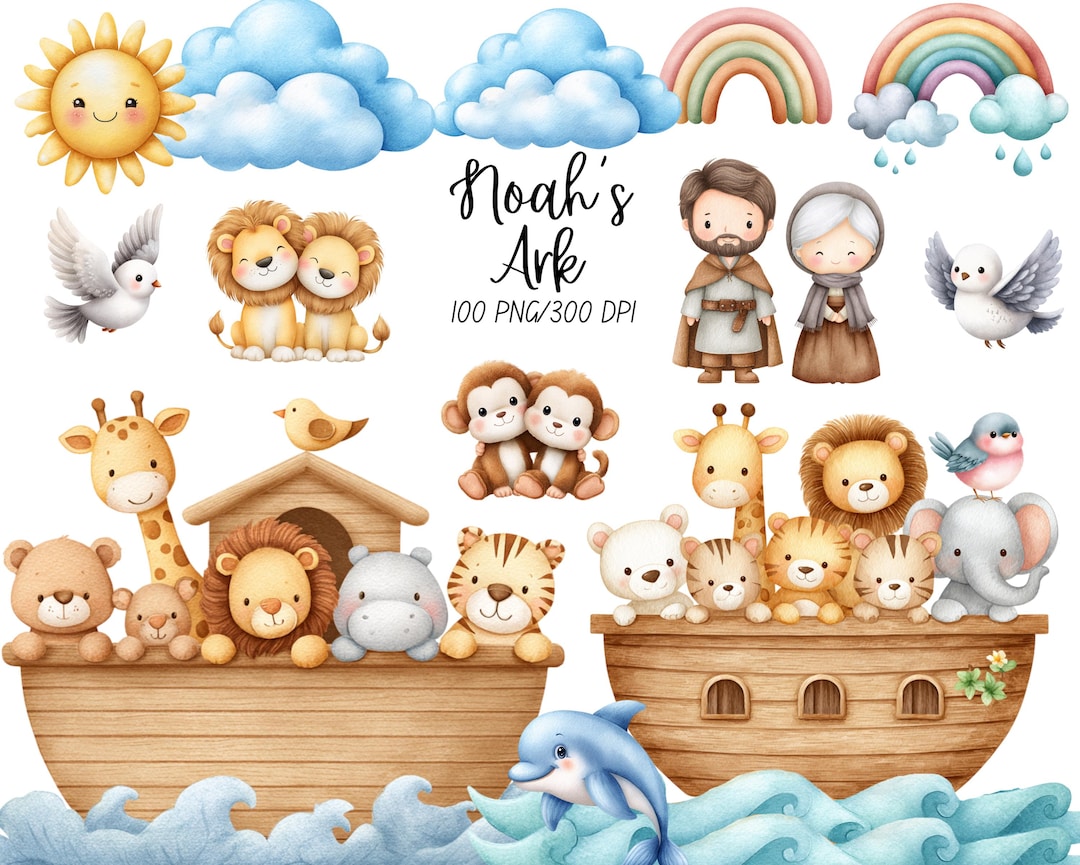 Cute Noah's Ark Watercolor Clip Art, Nursery Decor, Bibble Clipart ...