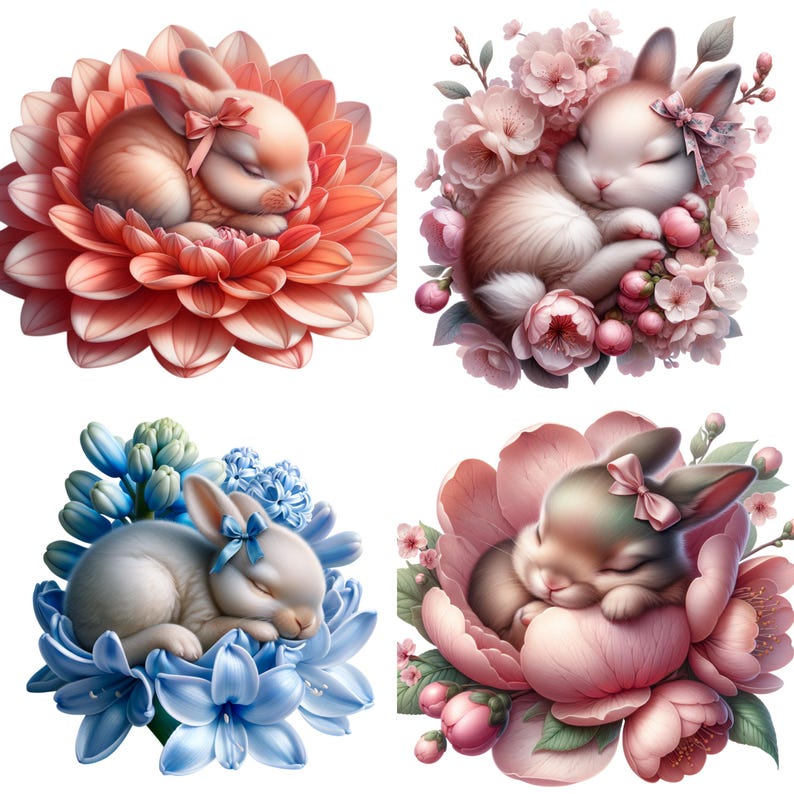 40 PNG Sleeping Bunny Clipart, Floral Easter Rabbits, Bunny in Basket ...