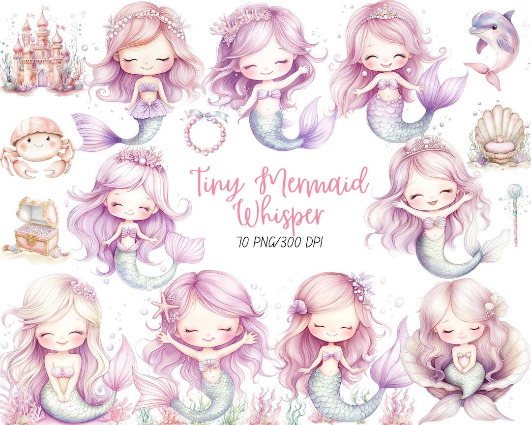 Watercolor Baby Mermaid Clipart, Cute Sea Creatures PNG, Little Mermaid ...