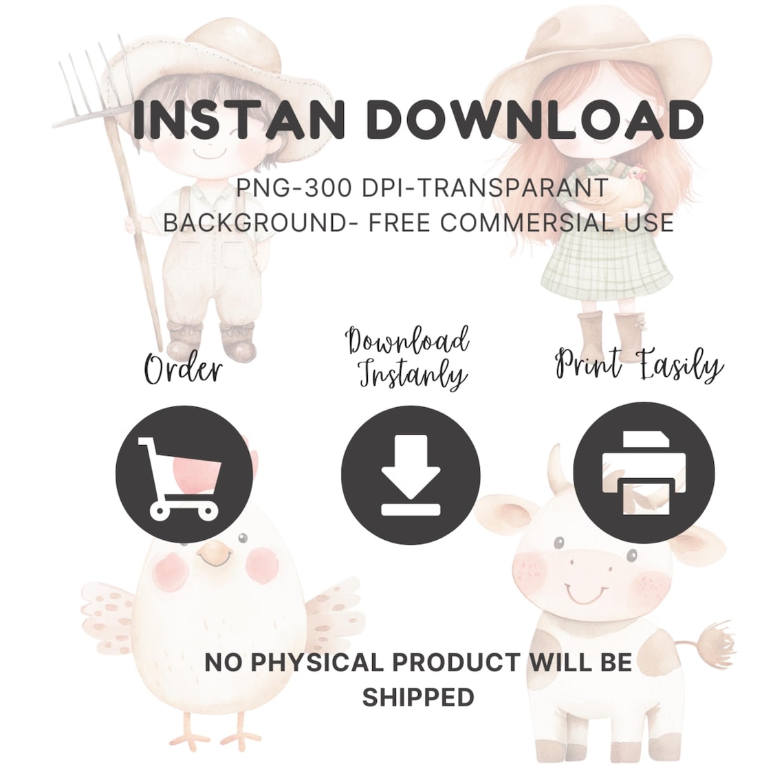 Cute Farm Clipart, Watercolor Barn Animals, Cottage Life PNG, Cute Pig ...