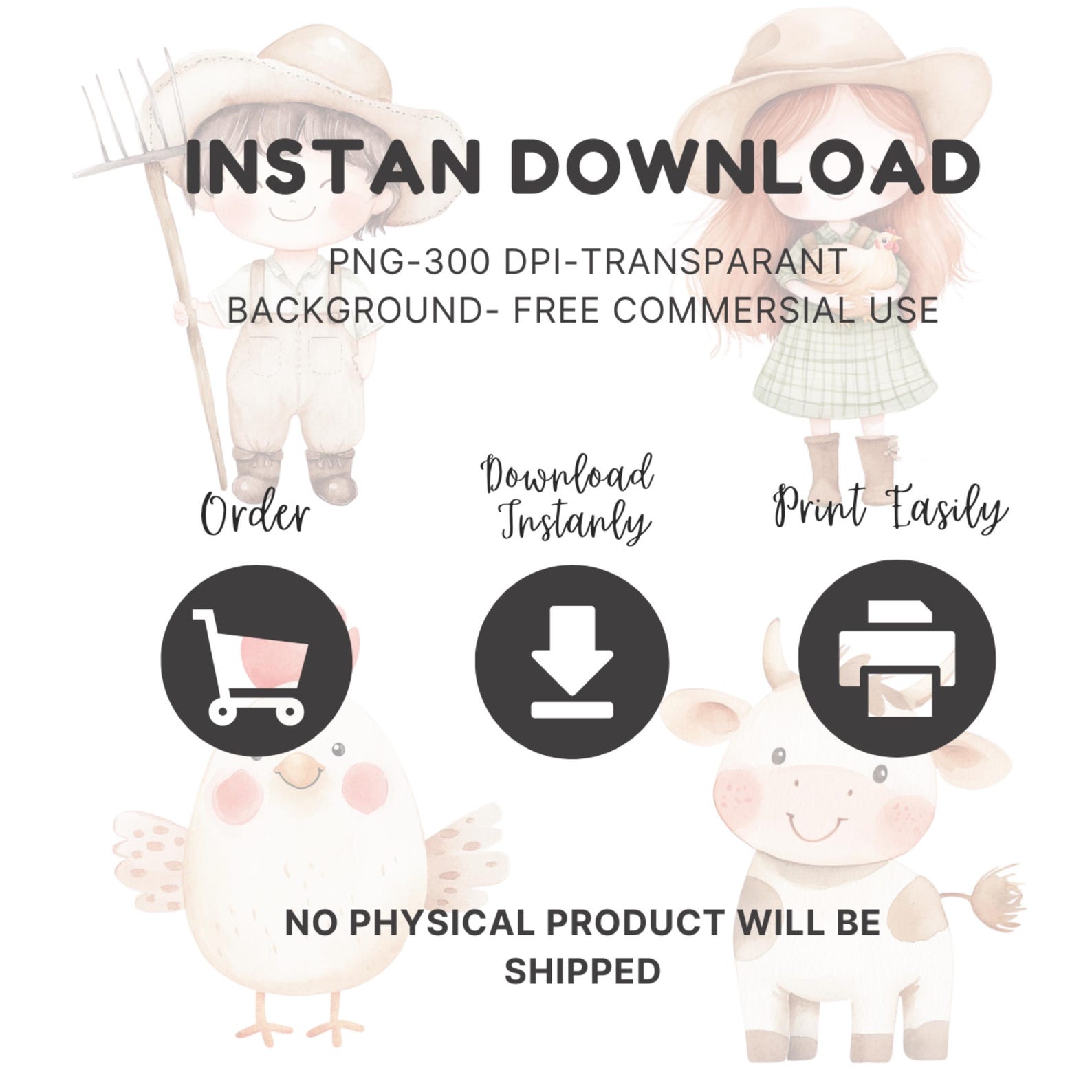 Cute Farm Clipart, Watercolor Barn Animals, Cottage Life PNG, Cute Pig ...